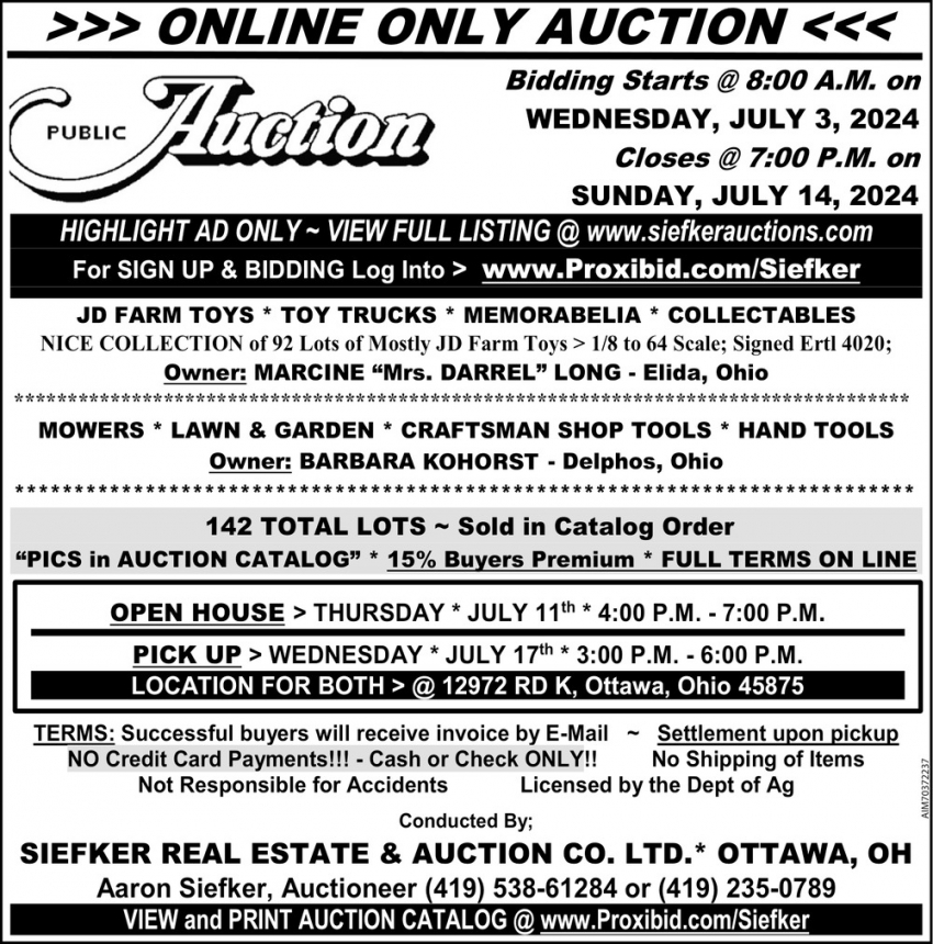 Public Auction, Siefker Real Estate & Auction Co. LTD, Ottawa, OH Public Auction, Siefker Real Estate & Auction Co. LTD, Ottawa, OH